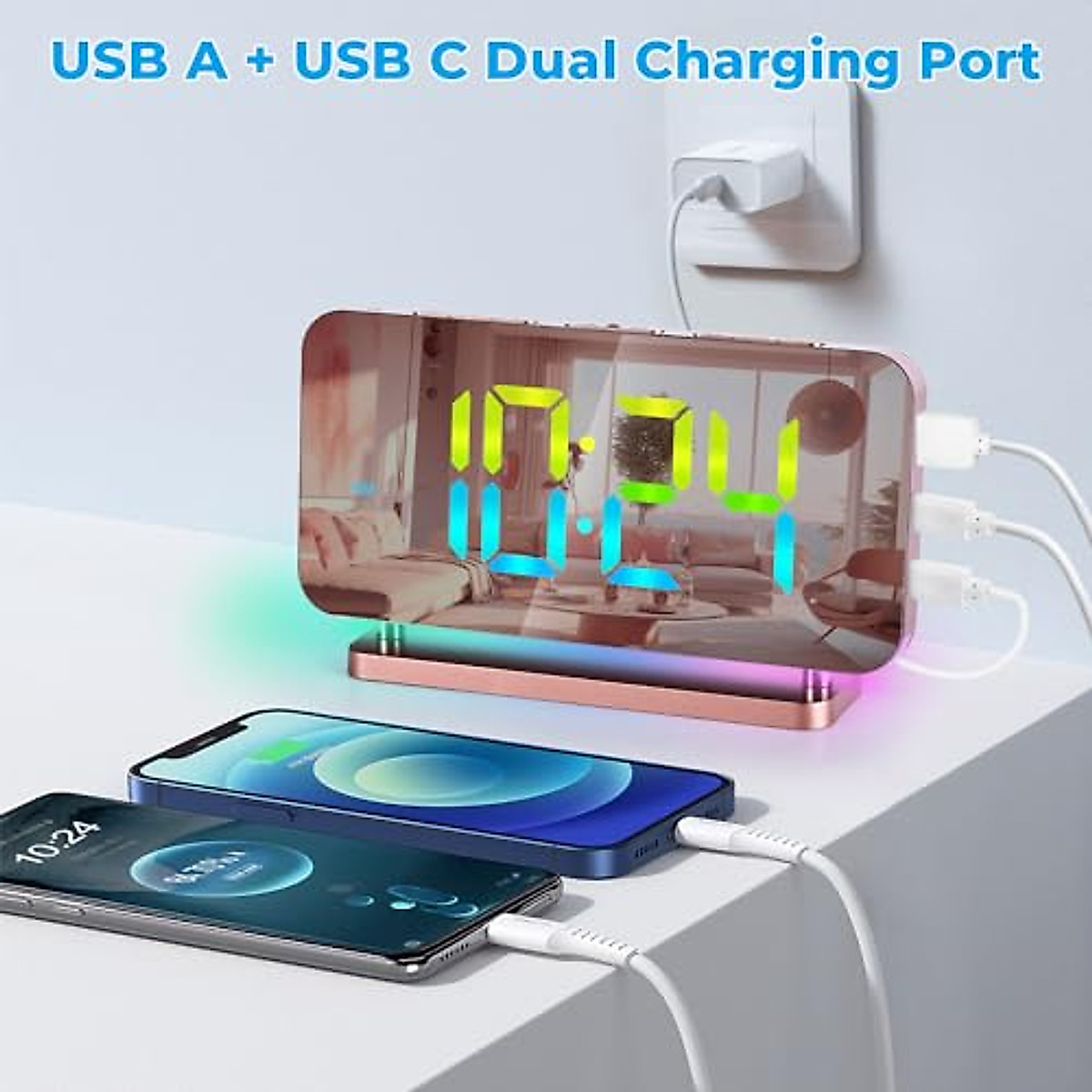 Poeroa RGB Alarm Clock,7.4” LED Mirror Digital Clocks Large Display,with Night Light,USB C Charger Port,Auto Dimmer,Modern Desk Clock for Bedroom Home Office Decor - Rose Gold