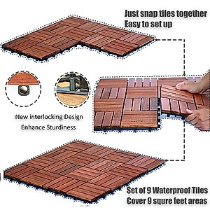 10 PCs Acacia Wood 12x12 inches, Interlocking Deck Tiles Outdoor All Weather, 12 Slats (Teak-9pcs)