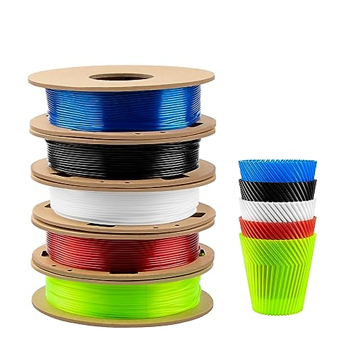 TPU Filament 1.75mm Bundle, TINMORRY 3D Printer Filament Combipack, 200g x 5 Spools, Black+White+Transparent red+Transparent Blue+Transparent Green