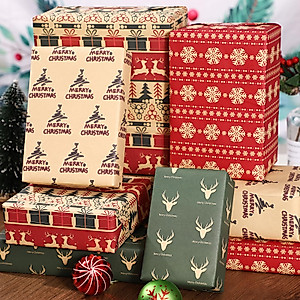 PlandRichW Christmas Wrapping Paper 12 Sheets of Folded Brown Kraft Paper with Red and Green, Greetings, Snowflakes, Reindeer, Christmas Tree Elements Series, 20 X 29 Inches Each