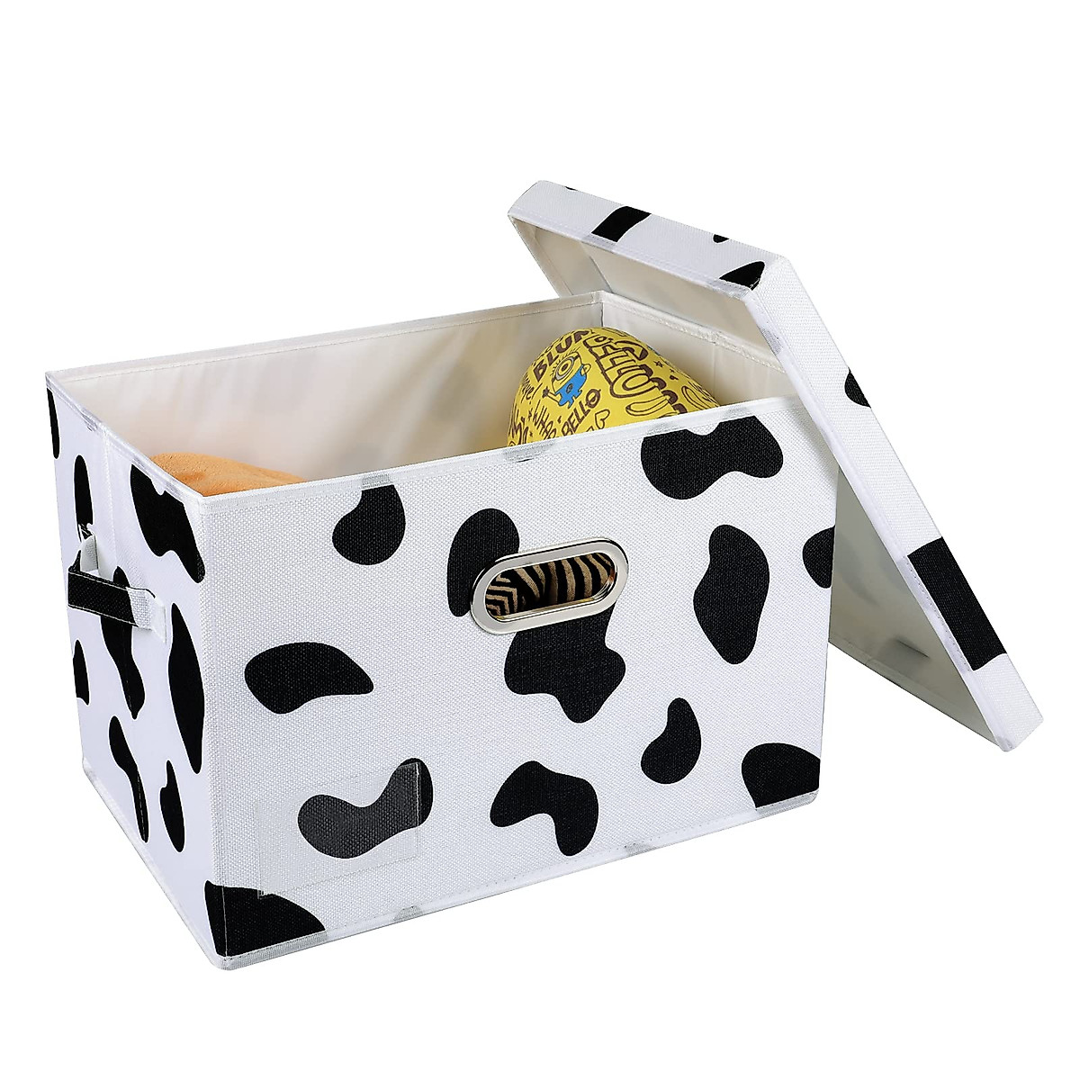 ANMINY 2PCS Large Storage Bins Cow Print Foldable Cotton Linen Lidded Box Basket Cubes Set with Removable Lids PP Plastic Board Handles Label Window Home Closet Shelf Clothes Toys Organizer Containers