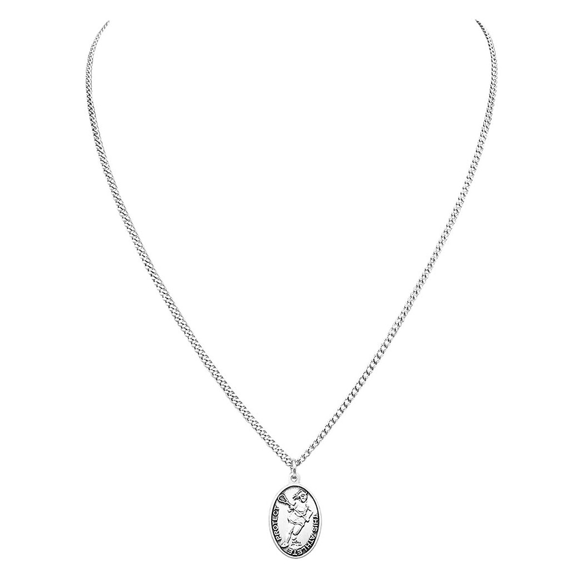 Rosemarie's Religious Gifts Women's Sterling Silver Saint Christopher Protect This Athlete Sports Medal Pendant Necklace, 18" (Lacrosse)