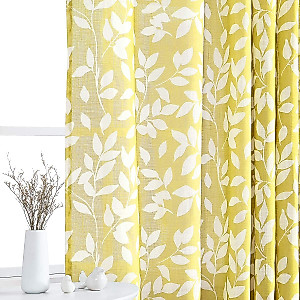 Treatmentex White and Yellow Leaf Curtains for Living Room 72" Length Print Semi-Sheer Curtains for Kitchen Windows, Mustard Yellow, Grommet Top, 2 Pack