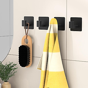 HUFEEOH Adhesive Towel Hooks, 4 Pack Sticky Hooks for Hanging Heavy Duty, Coat Towel Hooks Wall Hooks for Bathroom Kitchen Hotel (Black)