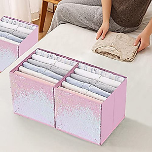 ELUCHANG Sequin Cube Storage Bins Organizer Container Foldable Fabric Closet Organizer Boxes Baskets for Shelves,Toys,Bedroom(4PCS,Pink)