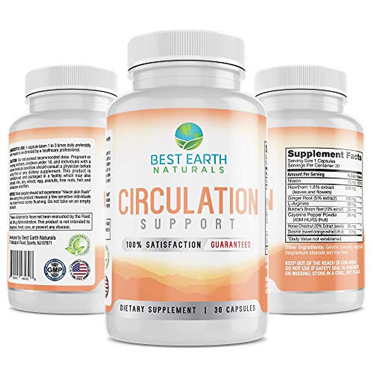 Best Earth Naturals Circulation Support Supplement with Butchers Broom, Horse Chestnut, Vitamin B3, Hawthorne, Ginger Root, Sweet Orange Extract, and More - 30 Count