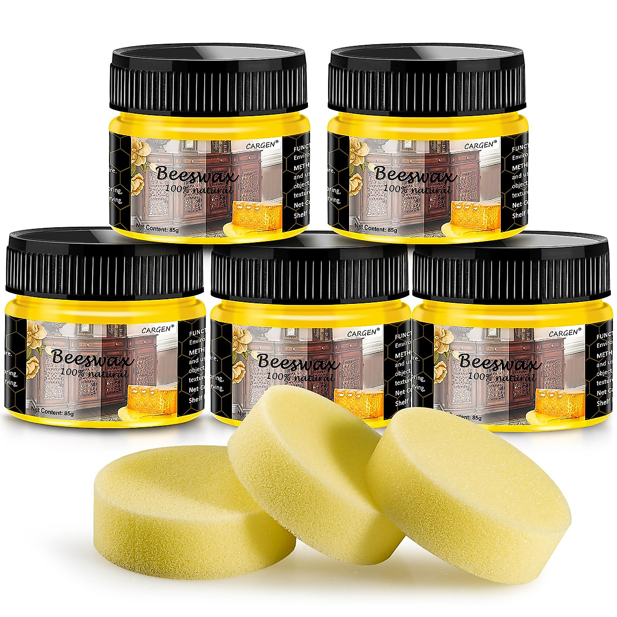 CARGEN Beeswax Furniture Polish, Wood Seasoning Beeswax for Furniture Wood Wax for Dining Table Floor Doors Chairs Cabinets to Protect and Care 5pcs Beeswax Polish and 3pcs Sponges.