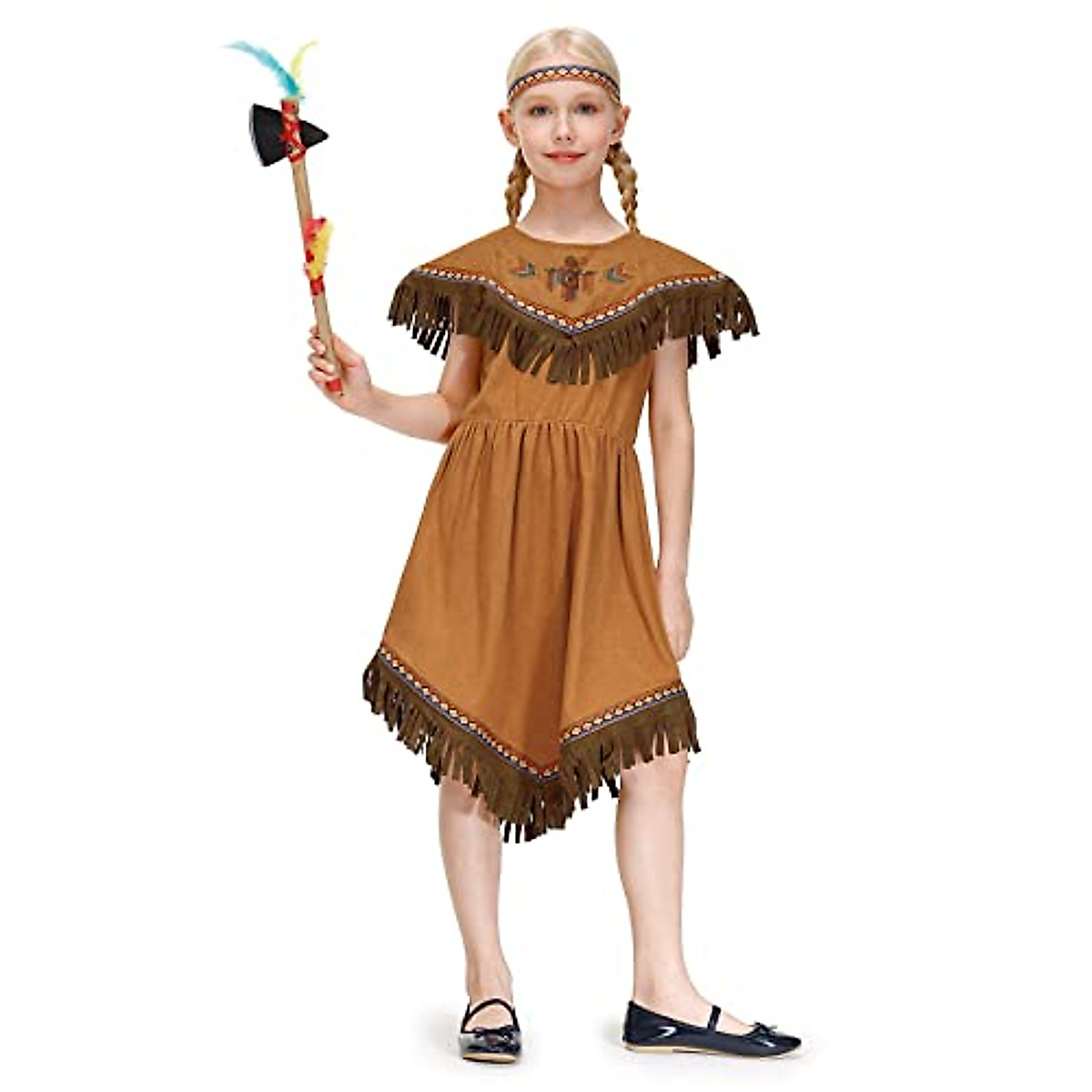 IIMMER Girls Halloween Native American Costume Brown Fringed Indians Pleated Aline Dress Outfit with Headband 9-10 Years