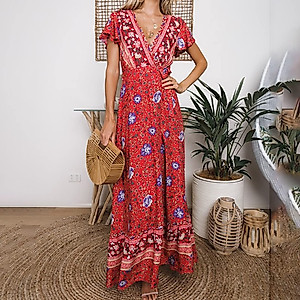 Casual Dresses for Women Midi Length Ladies Summer Casual V Neck Floral Print High Waist Belt Short Sleeve Hem Slit Wrap