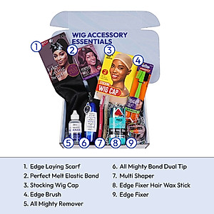 Wig Accessory Essentials Kit Lace Front Dual Tip Adhesive, Remover, Wig Caps, Elastic Band, Edge Fixer, Edge Brush, Hair Shear Tool and Edge Scarf