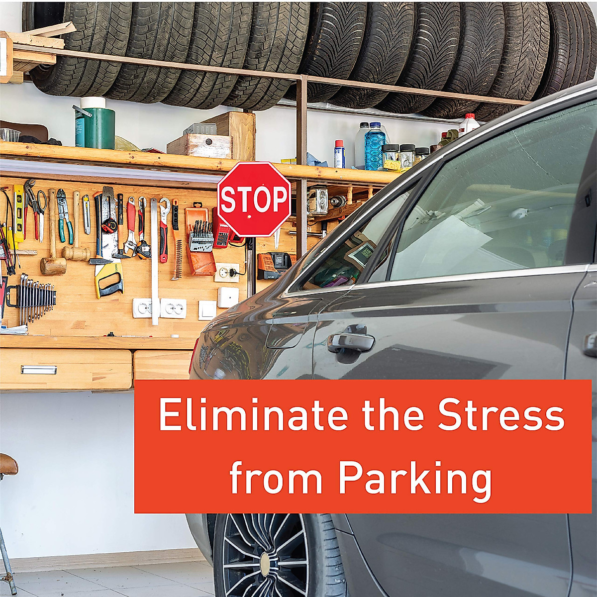 SECURITYMAN LED Stop Sign for Garage Parking Assist [Upgraded Base] - Large 7" Sign, Bright Red LEDs, Adjustable Height - Garage Car Stop Indicator That Lights Up