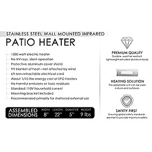 Fire Sense 02110 Wall Mounted Infrared Patio Heater 1500 Watts Weatherproof Lightweight for Indoor Outdoor Use 6 Foot Non Retractable Electrical Cord Mounting Bracket - Stainless Steel