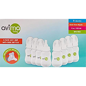 Avima 4 oz Anti Colic Baby Bottle Set - Slow Flow Nipples Included, Standard Neck, BPA Free - Newborn 0-3 Months, Stage 1 Feeding for Gas, Spit Up & Colic (Set of 8)