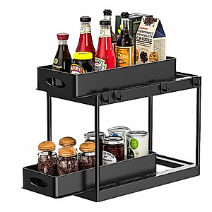 HooySprs 2 Tier Under Sink Organizer with 2 Sliding Drawer Under Cabinet Basket Organizer with Hooks Bathroom Organizer Kitchen Cabinet Organizers