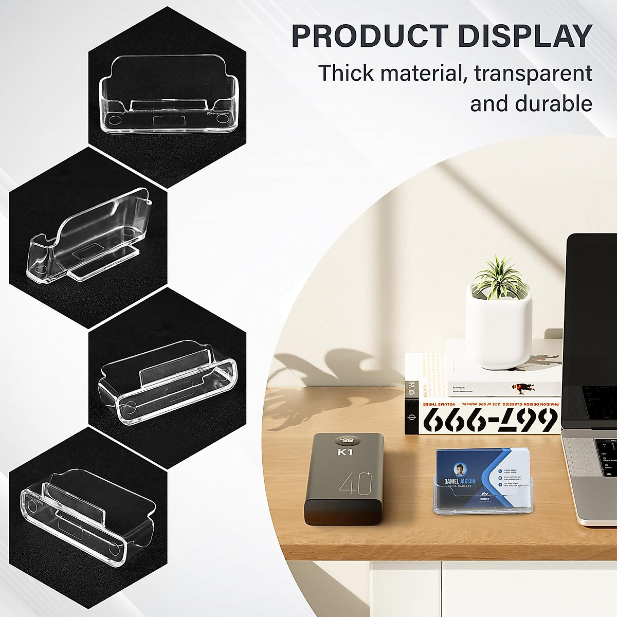 DMFLY Business Card Holder for Desk - 4 Pack Acrylic Business Card Holder Display Plastic Business Card Stand Desktop Business Card Holders for Exhibition, Home & Office, Fits 30-50 Business Cards
