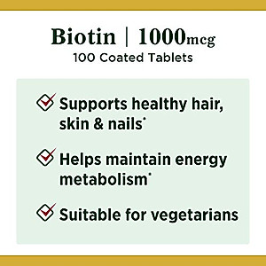 Nature's Bounty Biotin 1000 mcg Vitamin Supplement Tablets 100 ea (Pack of 2)