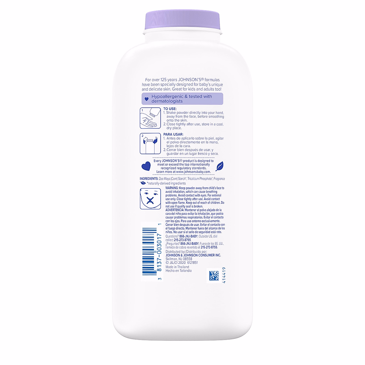 Johnson's Lavender Baby Powder with Naturally Derived Cornstarch, Gently Soothes Delicate Skin, Hypoallergenic, and Free of Parabens, Phthalates, and Dyes, Lavender Scent, 15 oz