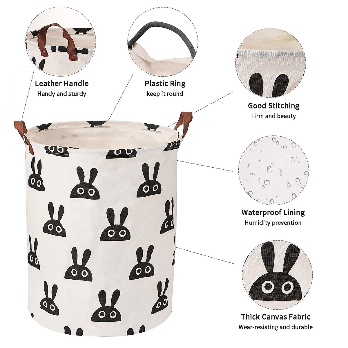 Large Sized Storage Basket, 19.6" Waterproof Canvas Storage Bin with Handles, Round Collapsible Organizer Kids Laundry Hamper for Nursery Clothes Toys - Rabbit