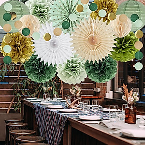 Olive Sage Green Party Decorations Olive Sage Green Tissue Paper Pom Poms Circle Dots Hanging String Garland for Sage Green Baby Shower Bridal Shower Wedding Birthday Party Decor