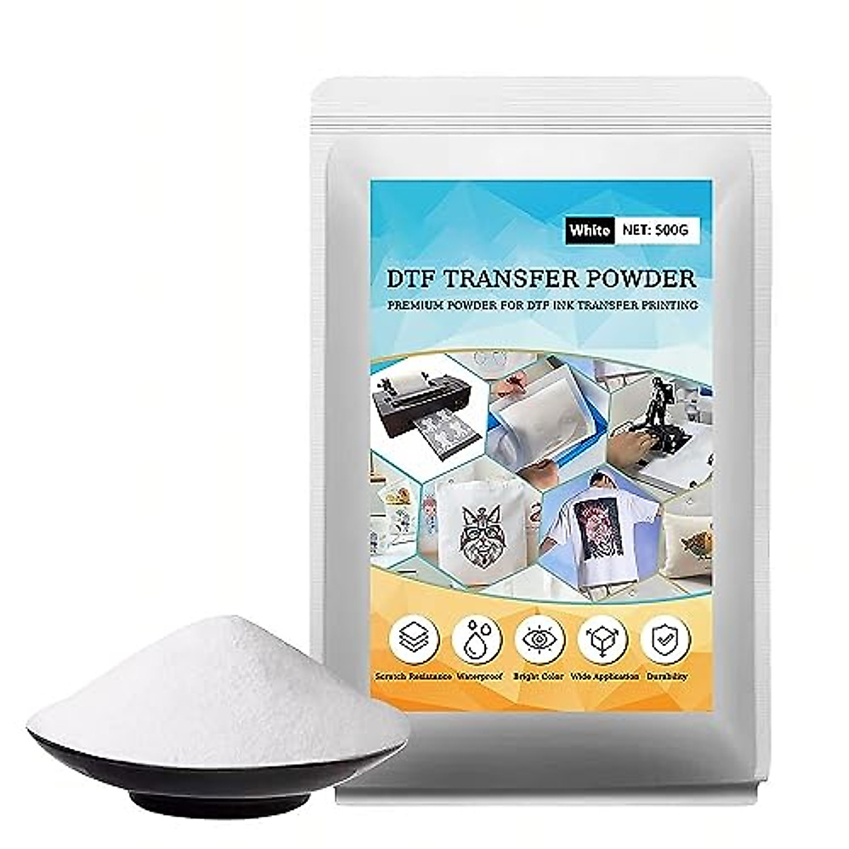DTF Powder 500G/17.6 oz White Digital Transfer Hot Melt Adhesive, Pretreat Powder for Ep L1800 Printer DTF DTG Printer Direct Print on All Fabric Include Polyester Cotton T-Shirt Textile