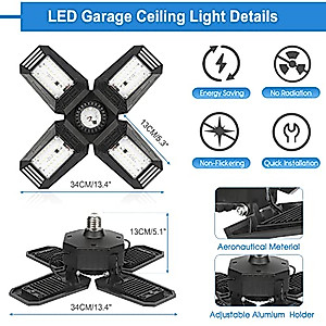 2 Pack LED Garage Lights, 4 +1 Panels 120W 15000LM-6500K Adjustable Ceiling Garage Light with E26/E27 Screw Base Deformable Lighting for Garage Barn Workshop Warehouse Residential High Bay Light