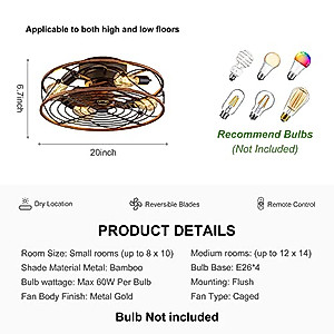 YEDAORL Caged Ceiling Fan with Light Flush Mount, 20 inch Vintage Low Profile Fandelier 6 Speed Chandelier Ceiling Fans Light Fixture with Reversible Motor Remote Control Black