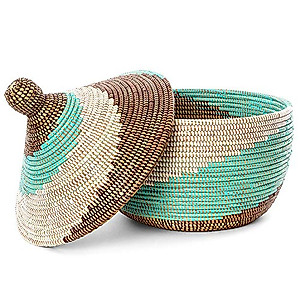 African Fair Trade Handwoven Warming Basket, Aqua, White, and Brown Spiral