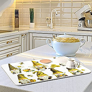 Yellow Gnomes Bee Absorbent Dish Drying Mat Reversible 16"x18",Summer Honey Sweet Drying Pad Protector for Kitchen Counter Sinks Dining Table