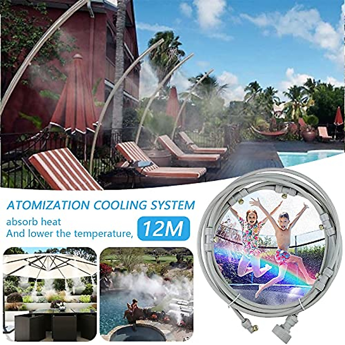 JANWEHIT Misting Cooling System,Outdoor Misting System for Patio Garden Trampoline Greenhouse Mister Patio Garden Greenhouse Trampoline for Water Park 19.68 FT/29.52FT/39.37FT (39.37FT/12M, White)