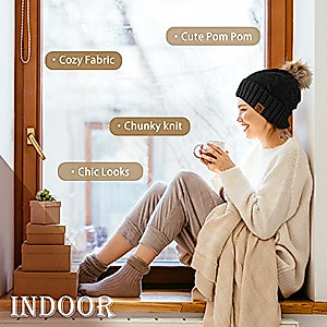 Winter Beanie Hats Gifts for Women - Christmas Stocking Stuffers Birthday Gifts Unique for Women Teens Girls Black Warm knit Beanies Hat with Fur Pom Fashion Skull Cap Slouchy for Ladies Unisex Adults