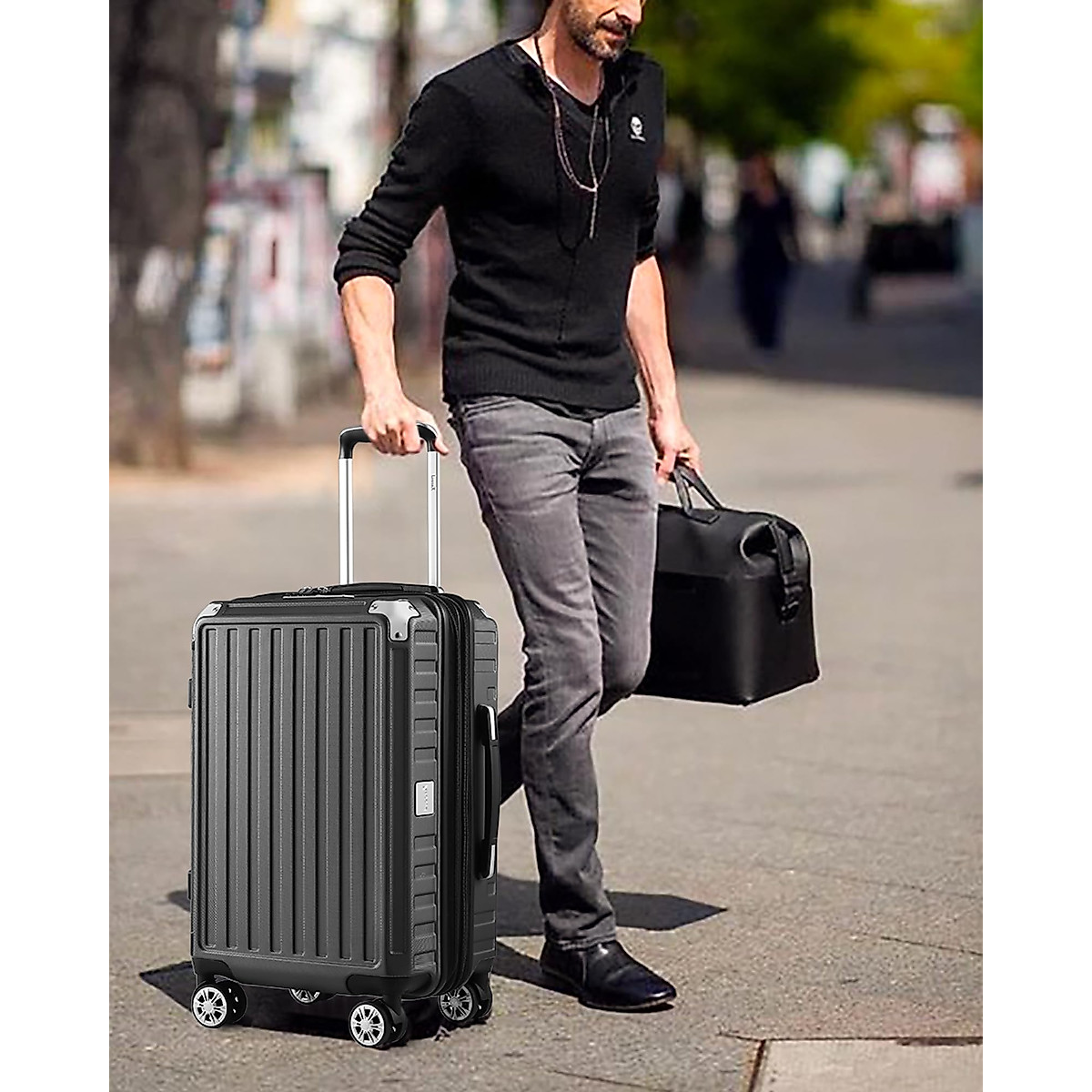 LUGGEX PC Carry On Luggage 22x14x9 Airline Approved - Expandable Hardside Luggage with Spinner Wheels - 4 Metal Corner Hassle-Free Travel (Black Suitcase)