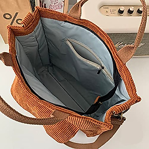 SUNAVY Women Corduroy Tote Bag, Girls Casual Shoulder Handbags Large Capacity with Zipper and Outer Pocket for School Library Travel (Brown)