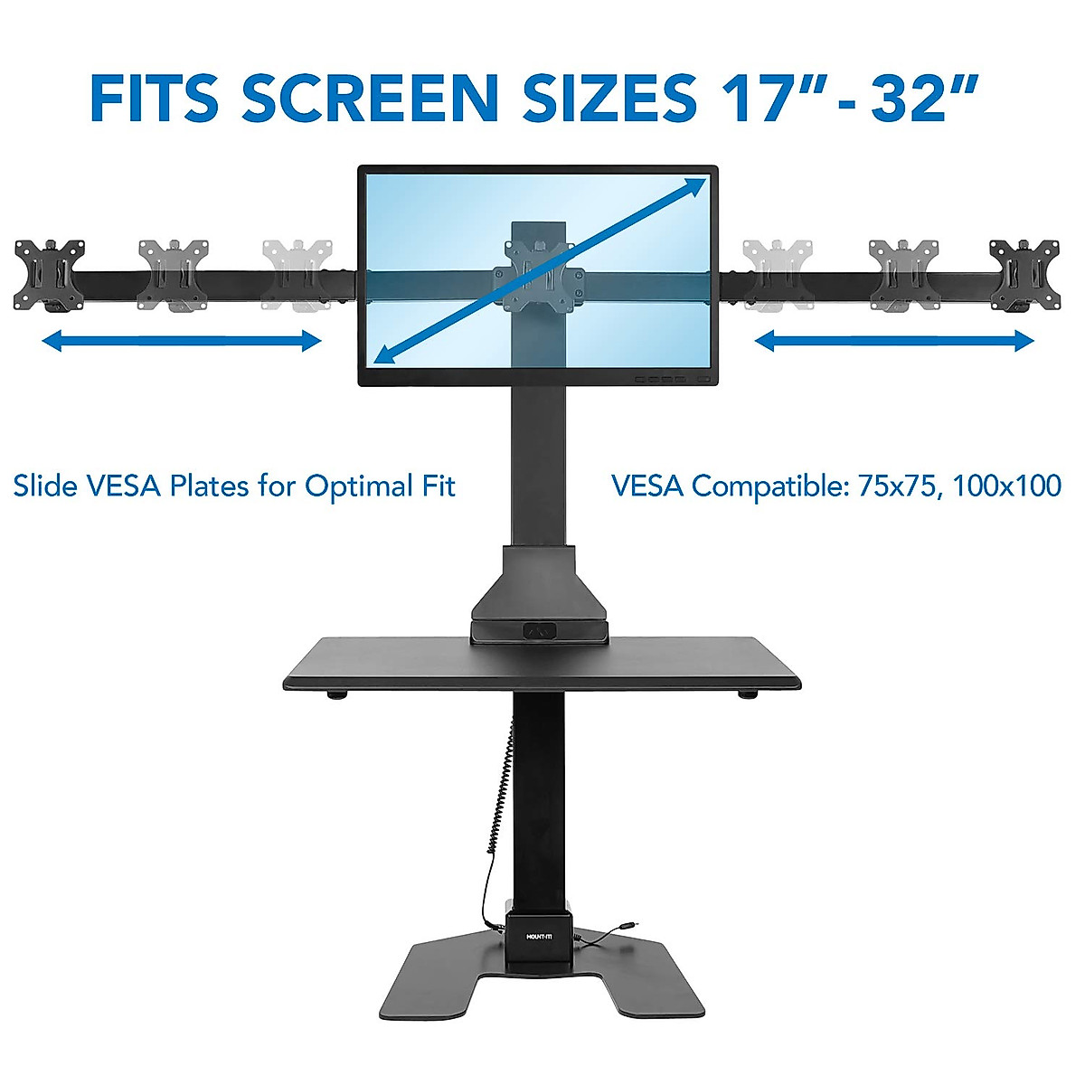 Mount-It! Triple Monitor Electric Standing Desk Converter - 3 Screens Stand Up Desk Riser - Height Adjustable Desktop & 3 Mounts for Screens up to 32", Sit-Stand Convertor for Home, Office, School