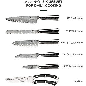 Knife Sets for Kitchen with Block, 7 Pieces Damascus Knife Set, VG10 Steel with Micarta Handle, Chef Knife Set and Kitchen Shear