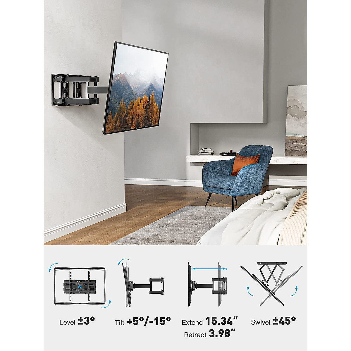 Pipishell TV Wall Mount for 26-65 inch LED LCD OLED 4K TVs, Full Motion TV Mount Bracket Articulating Swivel Extension Tilting Leveling Max VESA 400x400mm Holds up to 99lbs, Fits 12/16 Inch Wood Stud