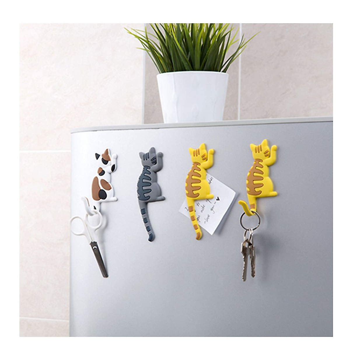 Comidox Cute Multifunction Cat Magnetic Refrigerator Sticker Fridge Magnet Hanging Hook 2 in 1 Gray cat/Black white cat/Yellow striped cat/Gray Yellow striped cat 4pcs