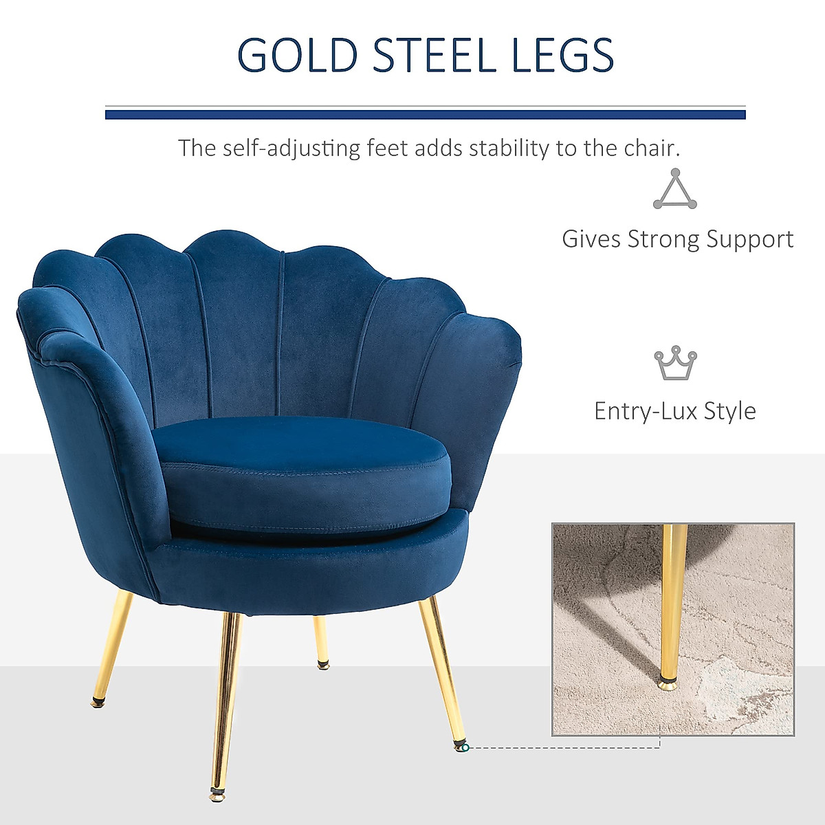 HOMCOM Elegant Velvet Fabric Accent Chair/Leisure Club Chair with Gold Metal Legs for Living Room, Blue