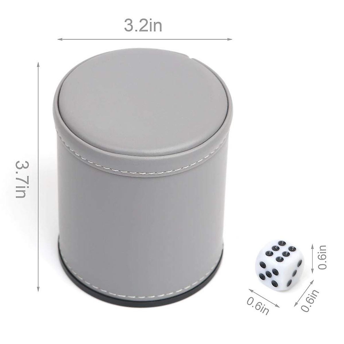 Dice Felt Lined PU Leather Dice Cup with 6 Dice, Felt Lined Interior Quiet Shaker for Yahtzee Game (Gray)