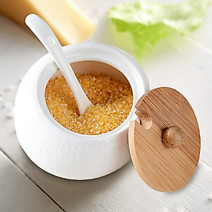 MIATTCLD Porcelain Condiment Jar Spice Container with Bamboo Lids & Tray, Ceramic Serving Spoon, Set of 3, White, 170ML(5.8 OZ), Perfect Spice Storage for Home, Kitchen