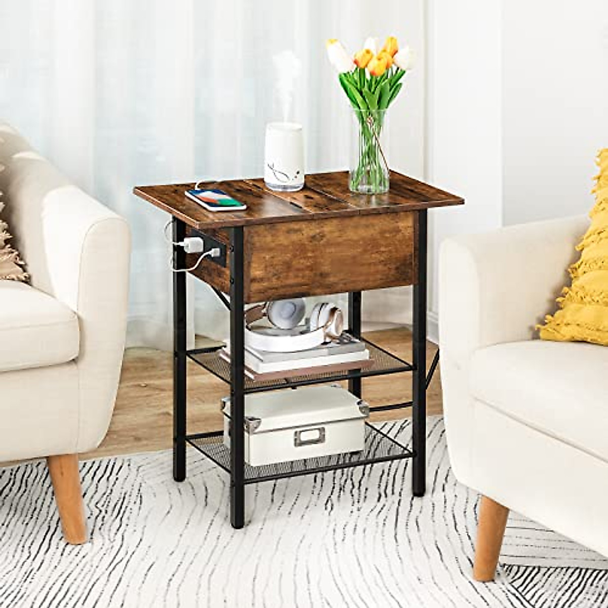 HOOBRO End Table with Charging Station, Narrow Side Table with USB Ports and Outlets, Flip Nightstand for Small Spaces, Sofa Couch Table Bedside Table, Living Room Bedroom, Rustic Brown BF158UBZ01G1