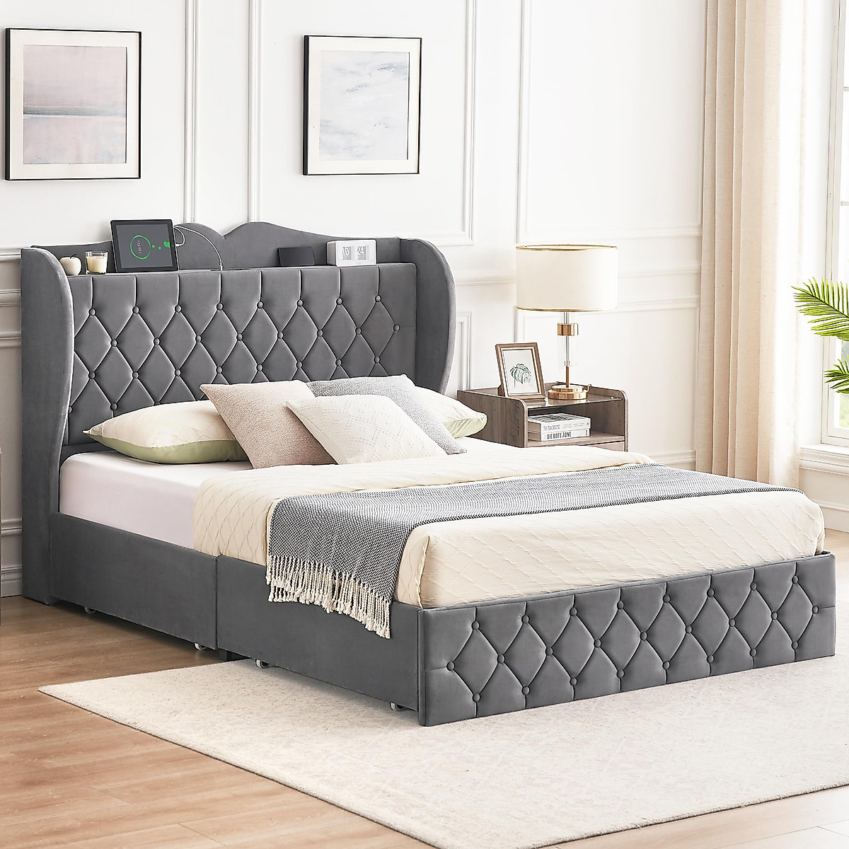 GAOMON Queen Size Bed Frame with 4 Storage Drawers and Charging Station, Velvet Upholstered Platform Bed with Tall Headboard and Storage Shelf, Wooden Slats Support, No Box Spring Needed, Grey