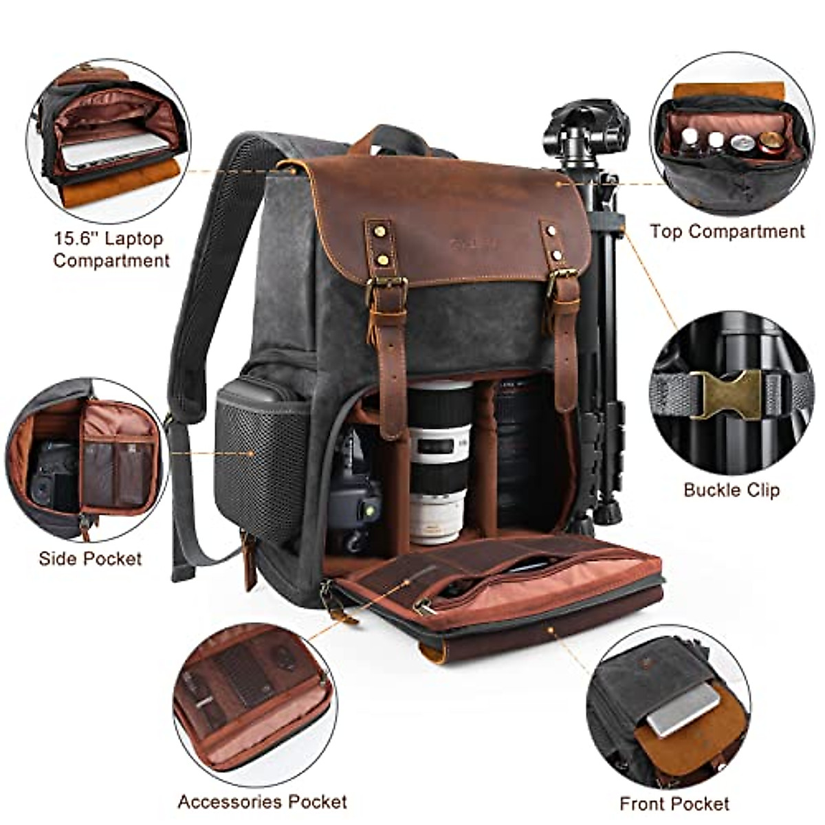 Endurax Leather Camera Backpack for Photographers, DSLR Backpack Bag with Laptop Compartment & Tripod Holder, Waterproof Canvas