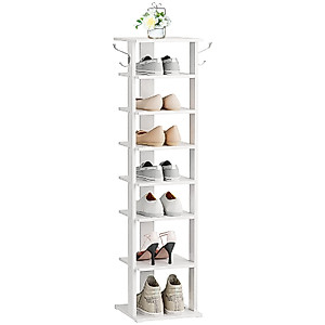 HOOBRO Vertical Shoe Rack, 8 Tier Wooden Shoe Storage Organizer with Hooks, Narrow Shoe Tower for 8 Pairs, Space Saving, for Entryway, Living Room, Bedroom, White WT07XJ01G1
