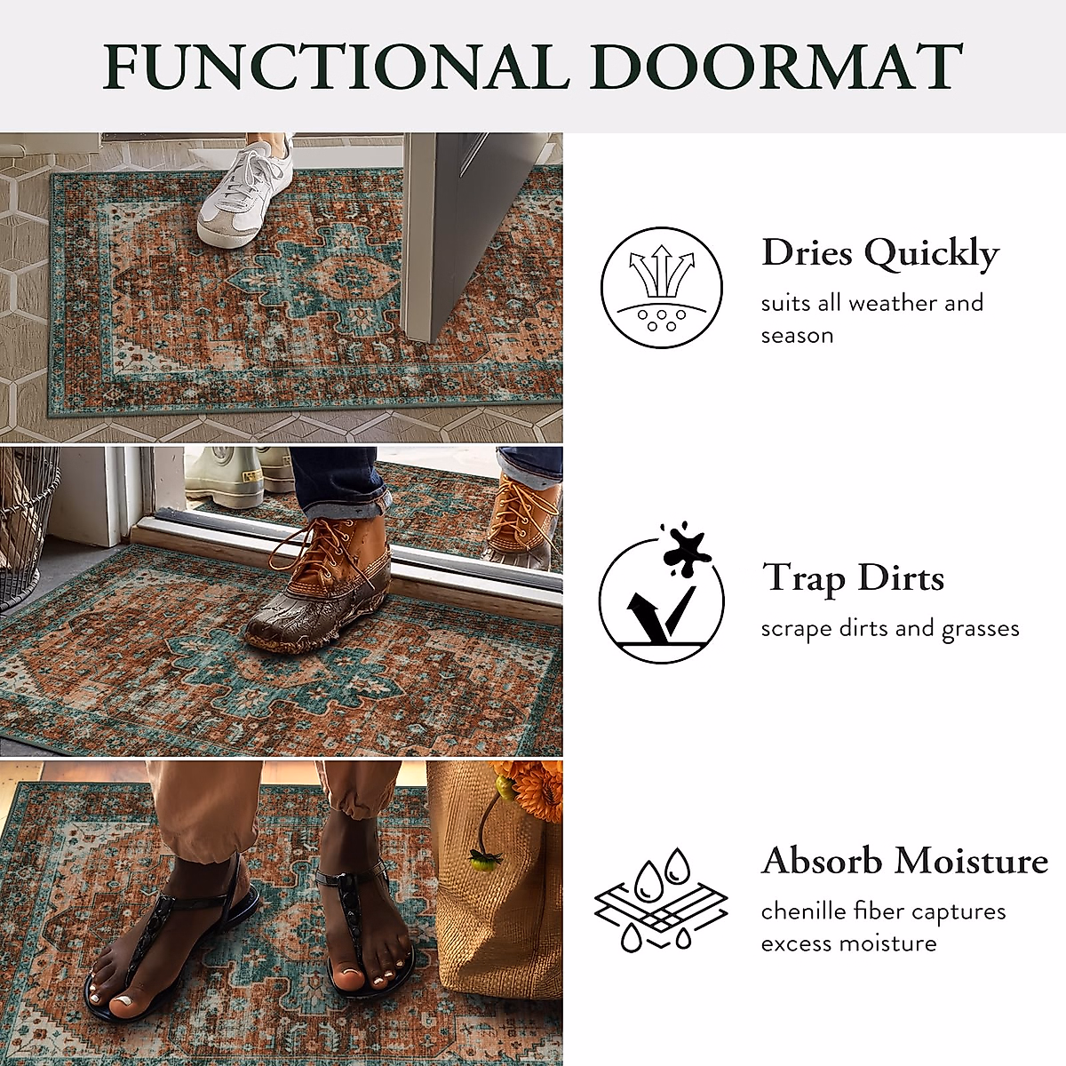 Lahome Boho Retro Ultra-Thin Indoor Door Mat,Washable Non-Slip 20"x32" Small Entryway Rugs Rubber Absorbent Doormats Low-Profile Inside Dirt Trapper for Entry Front Door Entrance