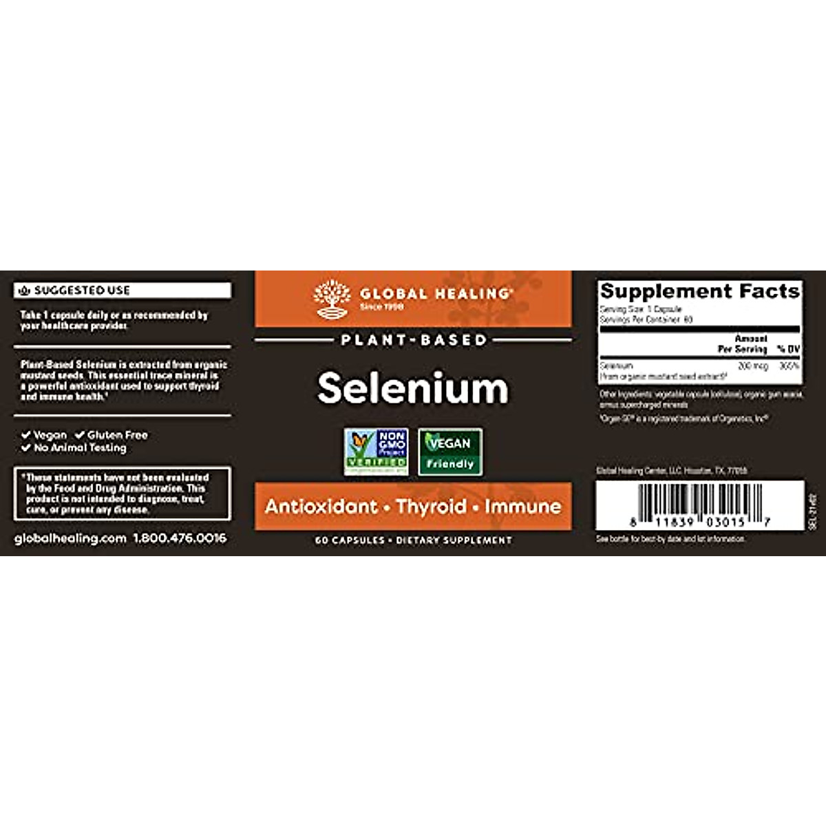 Global Healing Selenium 200mcg, Selenium Supplement with Organic Ingredients, Antioxidants for Thyroid Support and Immune Health, Non-GMO & Gluten-Free, Selenium 200 mcg for Men & Women (60 Capsules)