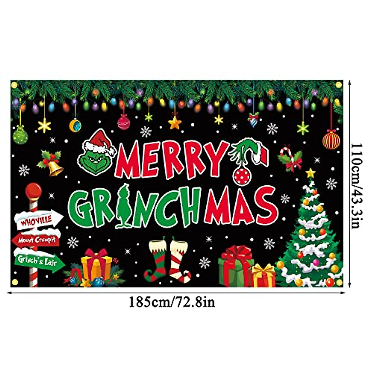 JKQ Merry Grinchmas Backdrop Banner 73 x 43 Inch Large Size Christmas Background Banner Xmas Party Decorations Christmas Holiday Baby Shower Birthday Indoor Outdoor Photo Booth Props