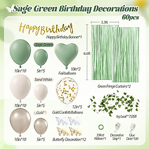 Sage Green Birthday Party Decorations with Happy Birthday Banner Green Fringe Curtain Butterfly Decorations Foil Balloons Happy Birthday Decorations for Women Adults