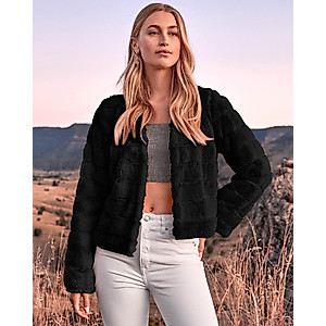 BTFBM Women's Faux Fur Coat Open Front Warm Winter Long Sleeve Outwear Shaggy Jackets Parka Short Cardigan Jacket(Solid Black, Large)