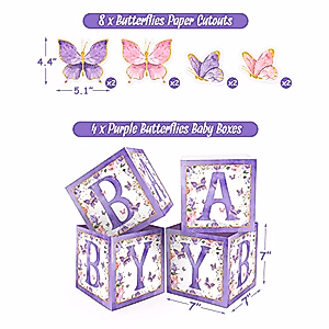 Levfla Purple Butterfly Baby Centerpiece Boxes with Butterfly Cutouts, Party Floral Arrangement, Baby Shower Table Decoration without Flowers, Set of 4 Blocks & 8 PCS Butterfly Cardstocks