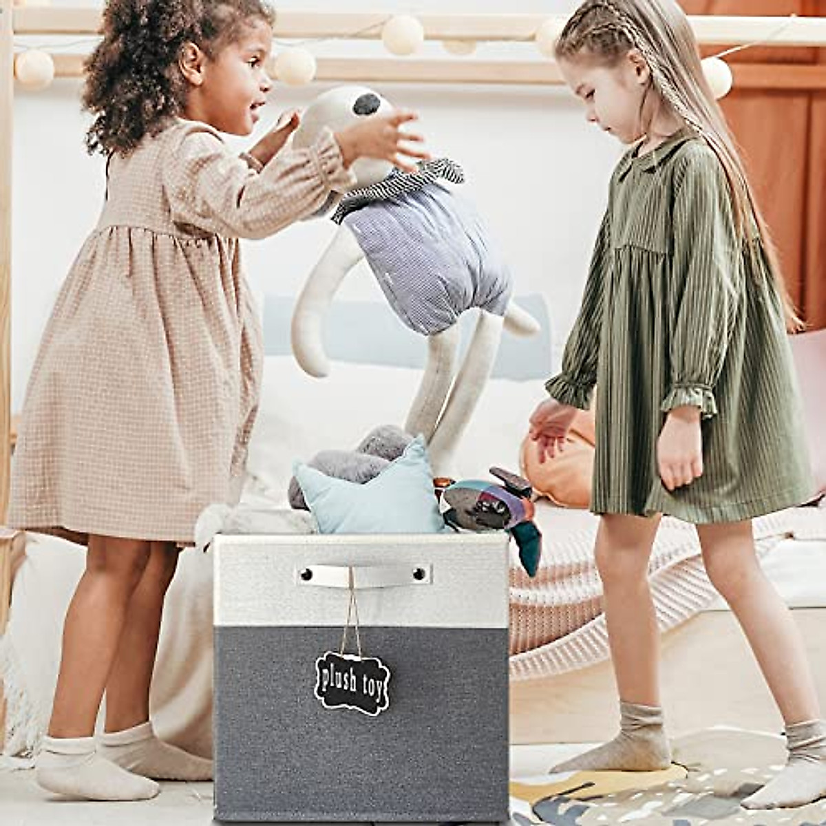 Dyvavna 13x13x13 Inch Storage Cube Bins, Large Foldable Fabric Linen Cube Storage Bins【6-pack】, with Cotton Handles Closet Bins for Nursery Shelves Home Organization and Storage bins(White & grey)